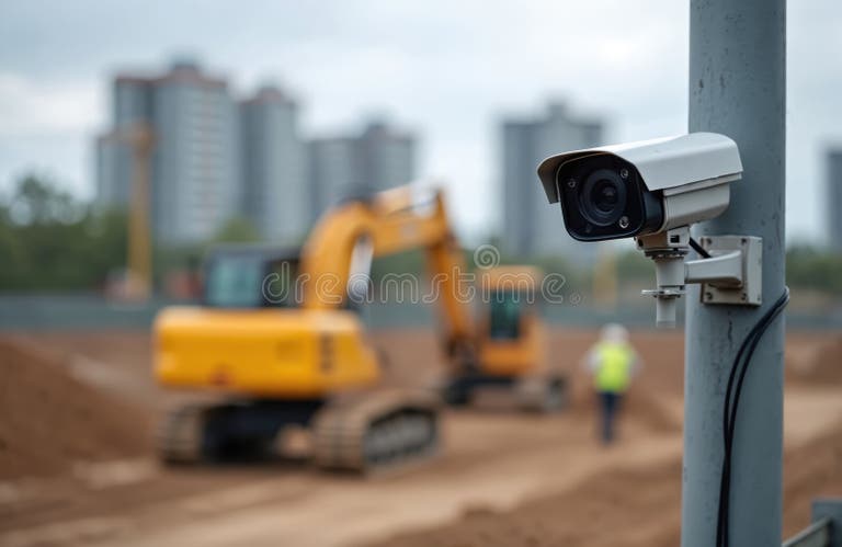 CCTV Camera Monitors Construction Site with Excavators, Workers. Security Surveillance ...