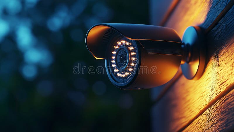 CCTV Camera Mounted on House Wall, Illuminated at Night, Providing ...