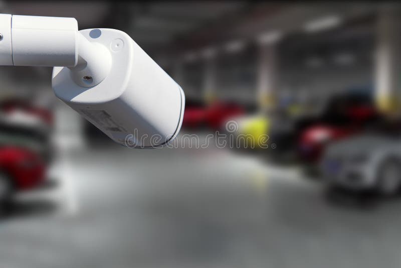 CCTV Camera Operating in Car Park Building. Copy Space. Stock Image ...