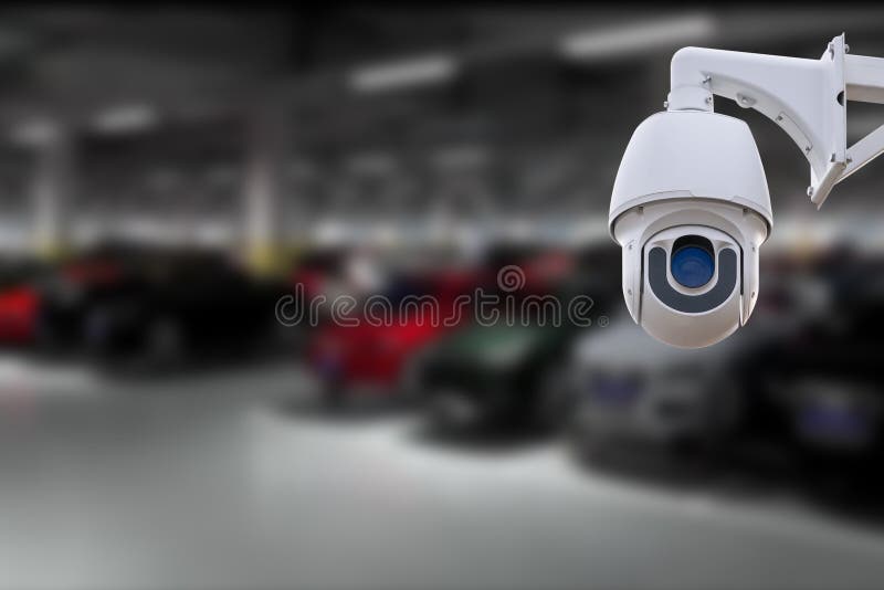 CCTV Camera Operating in Car Park Building. Copy Space. Stock Photo ...