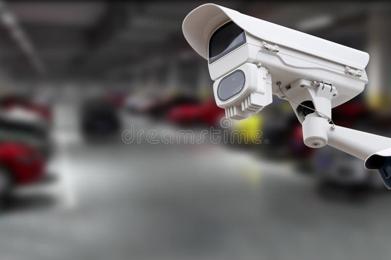 CCTV Camera Operating in Car Park Building. Copy Space. Stock Photo ...