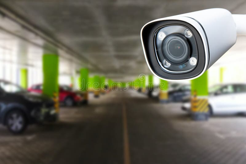 CCTV Camera Operating in Car Park Building. Copy Space. Stock Image ...