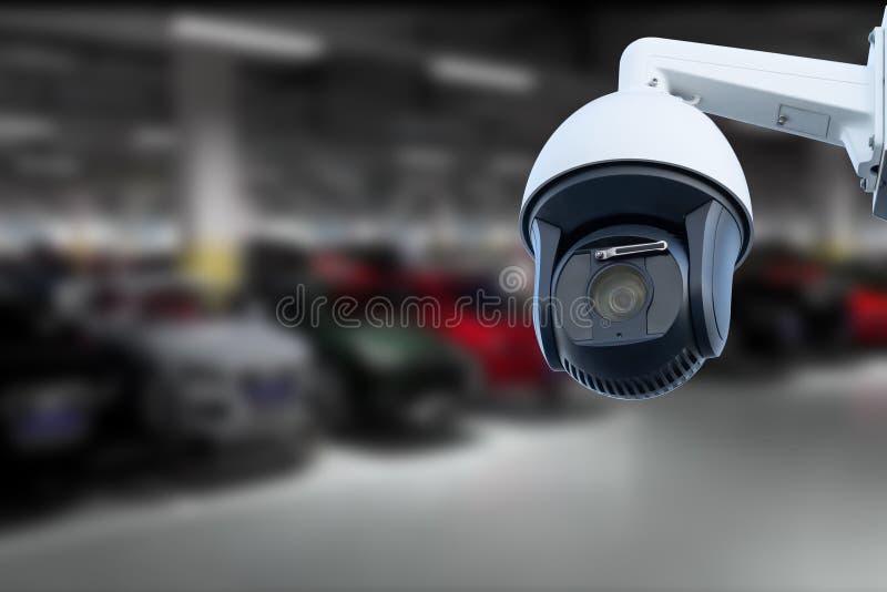 CCTV Camera Operating in Car Park Building. Copy Space. Stock Image ...