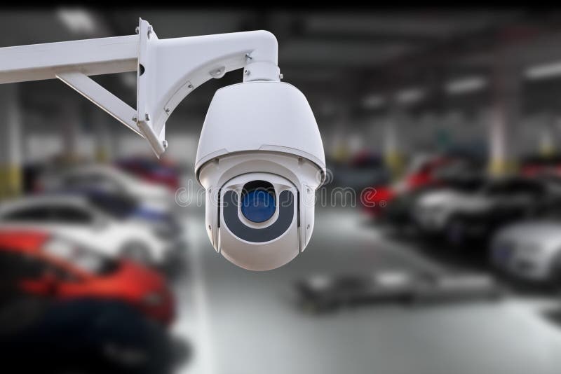 CCTV Camera Operating in Car Park Building. Copy Space. Stock Photo ...