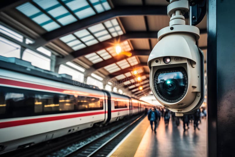 CCTV Camera Operating on Train Station Platform. Neural Network AI ...