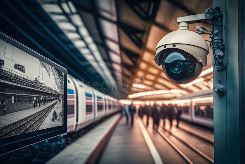 CCTV Camera Operating on Train Station Platform. Neural Network AI ...