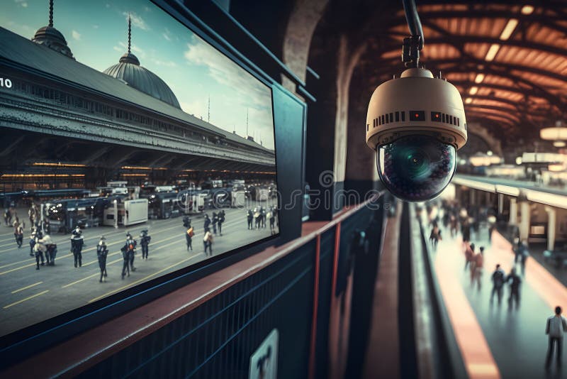 CCTV Camera Operating on Train Station Platform. Neural Network AI ...