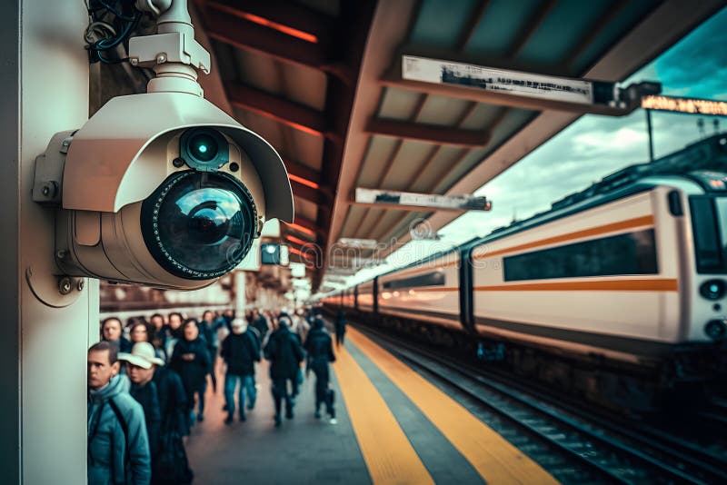 CCTV Camera Operating on Train Station Platform. Neural Network AI ...