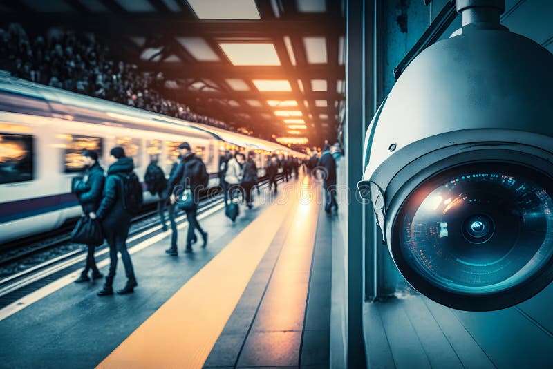 CCTV Camera Operating on Train Station Platform. Neural Network AI ...