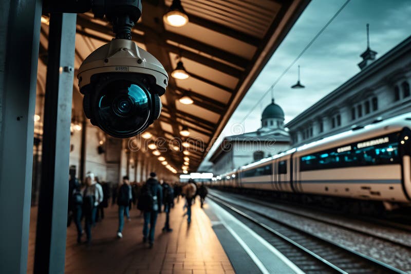 CCTV Camera Operating on Train Station Platform. Neural Network AI ...