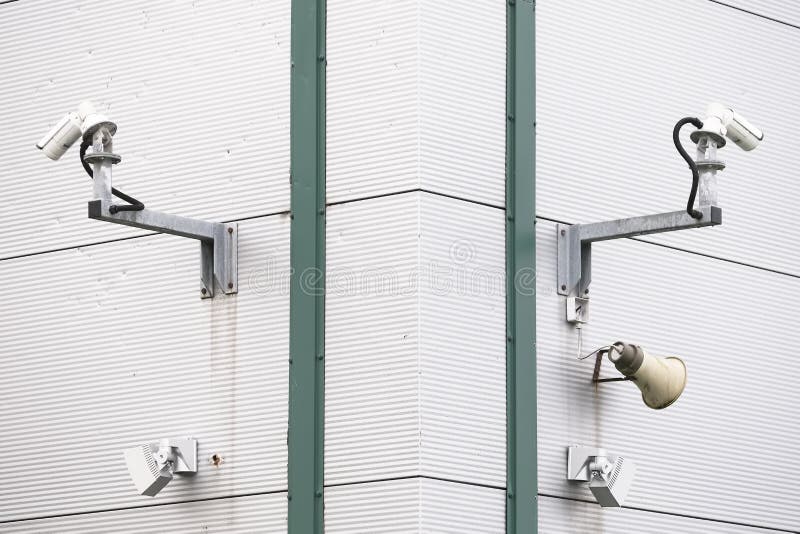 CCTV Camera in a Pair of Two on Building Corner Wall Stock Image ...