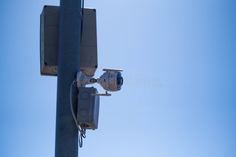 CCTV Camera on Pole with Blue Sky Background, Security Concept Stock ...