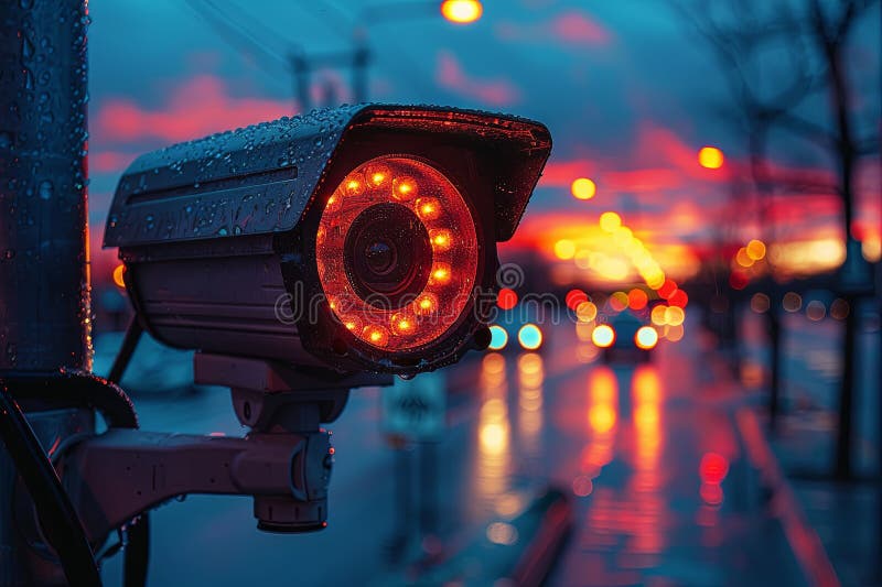 Cctv Camera or Security System with Sunset Sky Background, Silhouette ...