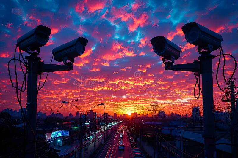 Cctv Camera or Security System with Sunset Sky Background, Silhouette ...