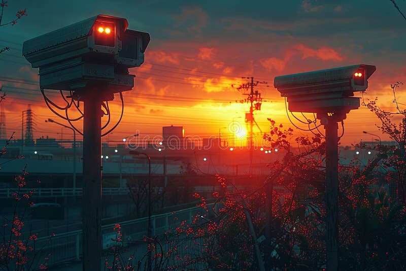 Cctv Camera or Security System with Sunset Sky Background, Silhouette ...