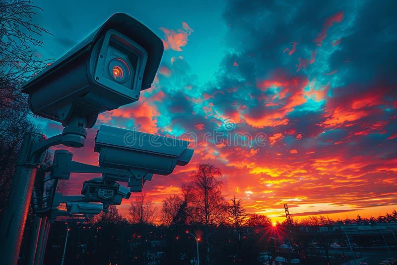 Cctv Camera or Security System with Sunset Sky Background, Silhouette ...