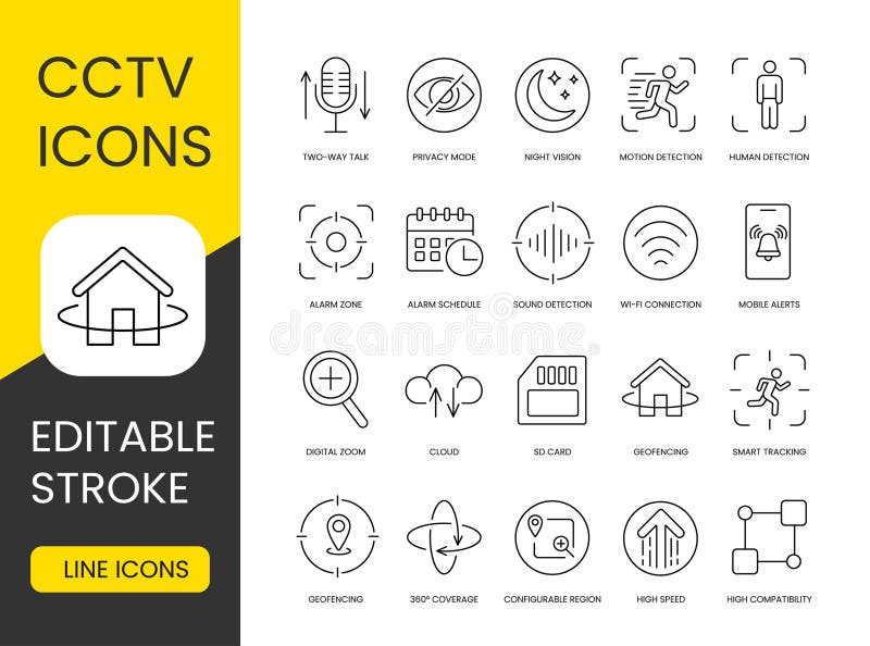 CCTV Camera Systems Vector Line Icon Set with Editable Stroke for ...