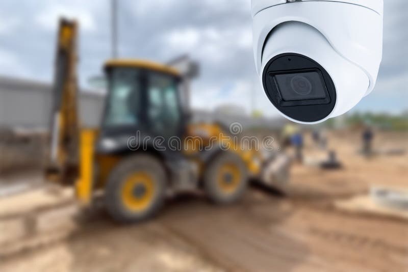 CCTV Camera Watching an Excavator and Workers Working on a Construction ...