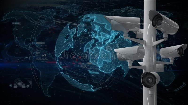 CCTV Cameras and Digital Globe with World Map Stock Video - Video of ...