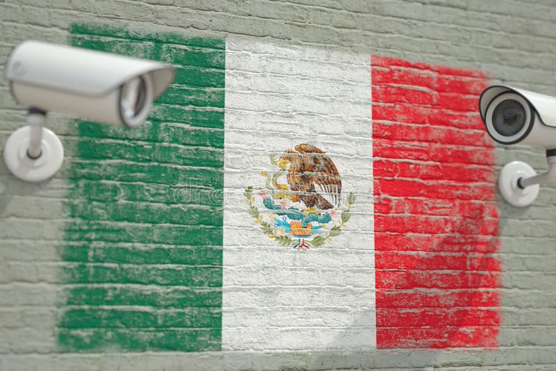 CCTV Cameras and Wall with Flag of Mexico. Surveillance Related 3D ...