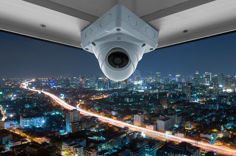CCTV and night city scene stock photo. Image of record - 174377378