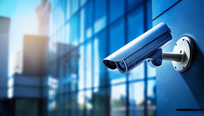 CCTV Security Camera on Blue Office Building Blurry Background, Copy ...