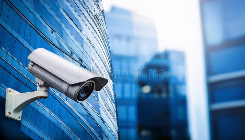 CCTV Security Camera on Blue Office Building Blurry Background, Copy ...