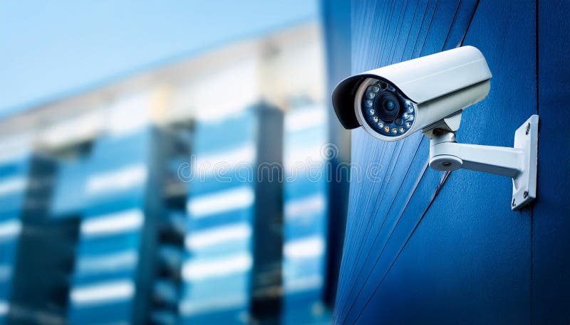 CCTV Security Camera on Blue Office Building Blurry Background, Copy ...