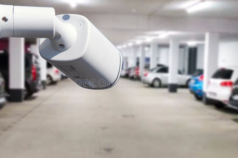 CCTV Security Camera on Blur Car Parking. Copy Space. Stock Image ...