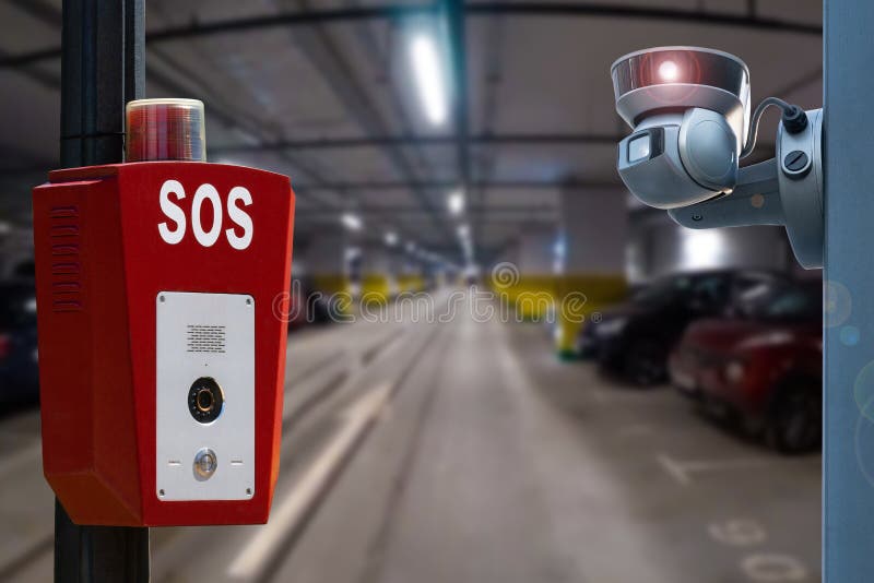 CCTV Security Camera on Blur Car Parking.Parking Security System. Stock ...