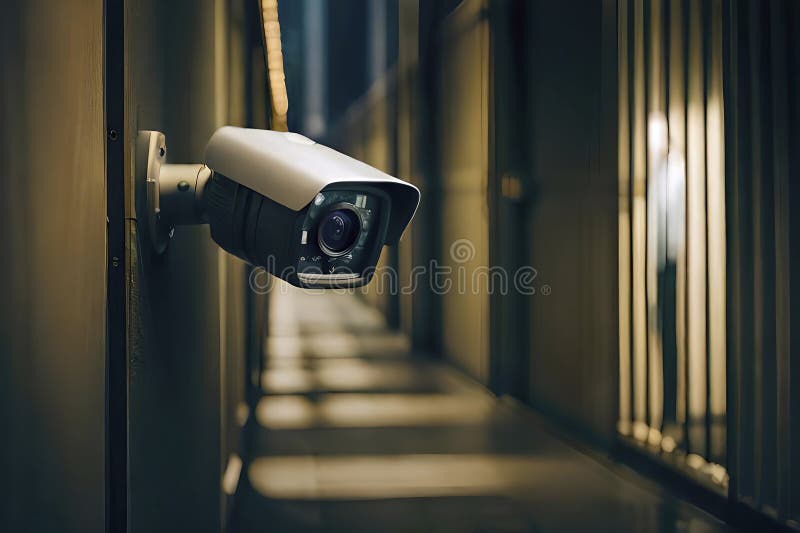 A CCTV Security Camera Mounted on a Wall in a Dark Corridor Stock ...
