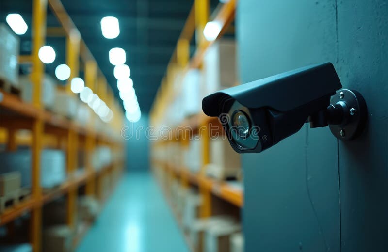 CCTV Security Camera Mounted on Wall Monitors Warehouse Interior with ...