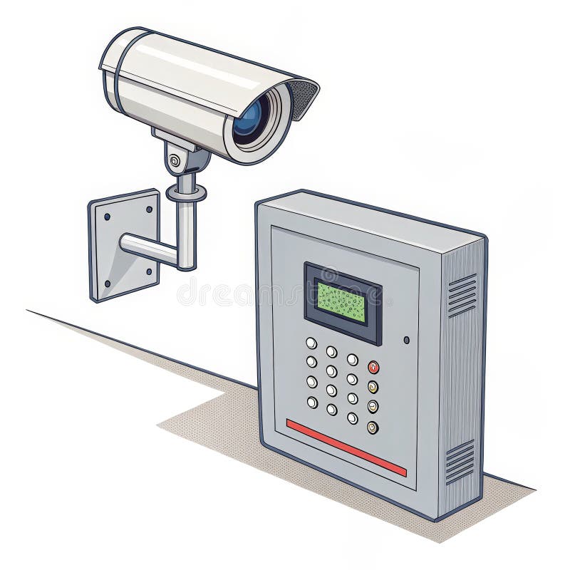 CCTV System Wall-Mounted Camera and Control Panel Illustration ...