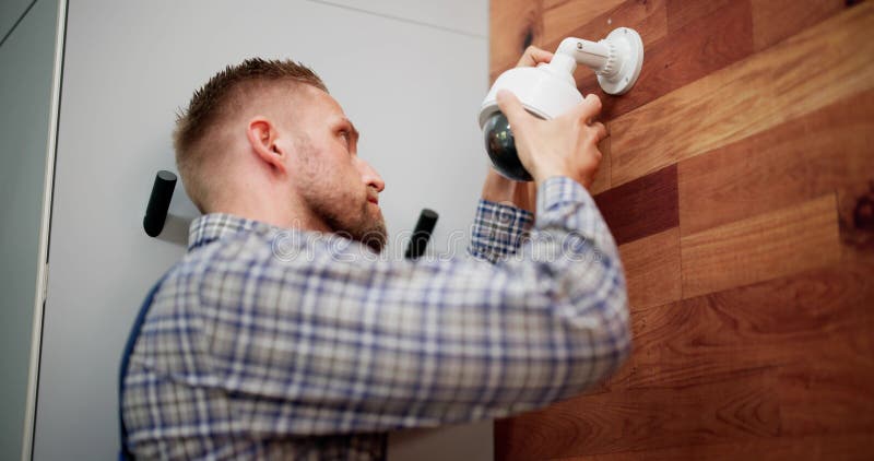 CCTV Technician on Stepladder Fixing Security Stock Image - Image of ...