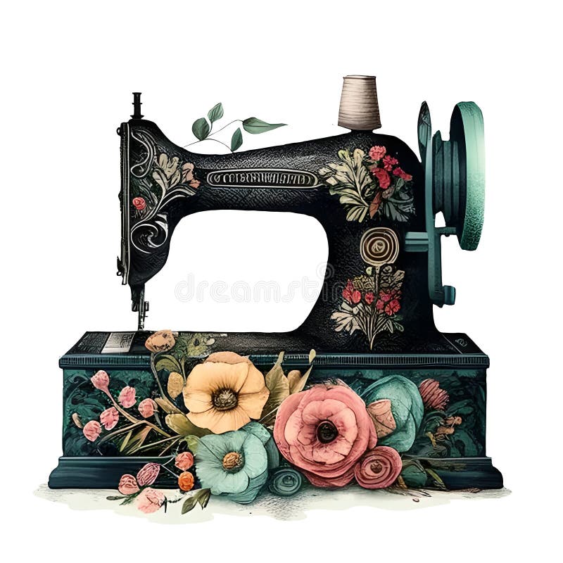 Antique Sewing Machine Decorated with Flowers, Watercolor Illustration ...