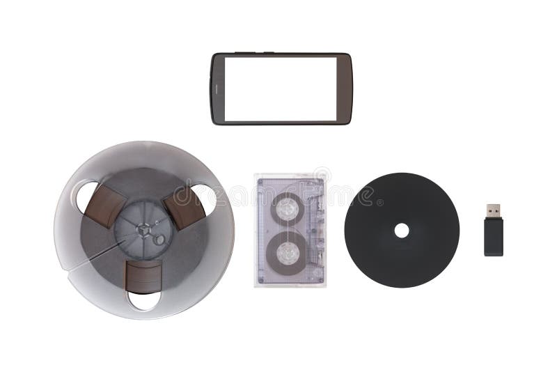 CD, USB Flash Drive, Old Tape, Mobile on White Isolated Background ...