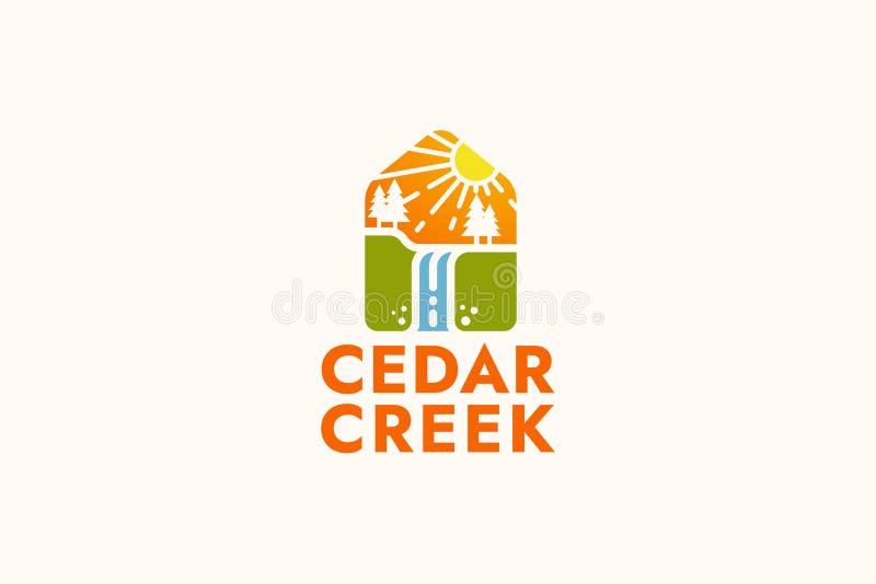 Cedar Creek Logo in Line Style with House Silhouette and Waterfall View ...