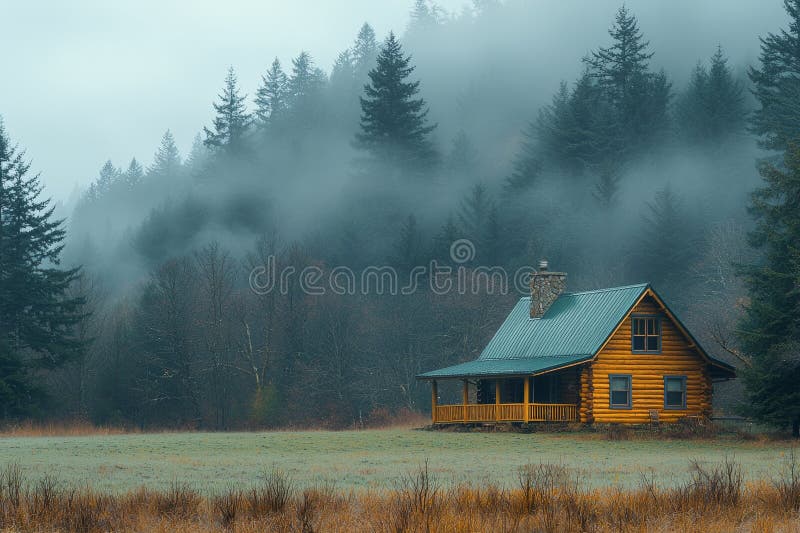 Cedar a-frame Chalet Nestled in the Forest during Fall, Bathed in Foggy ...