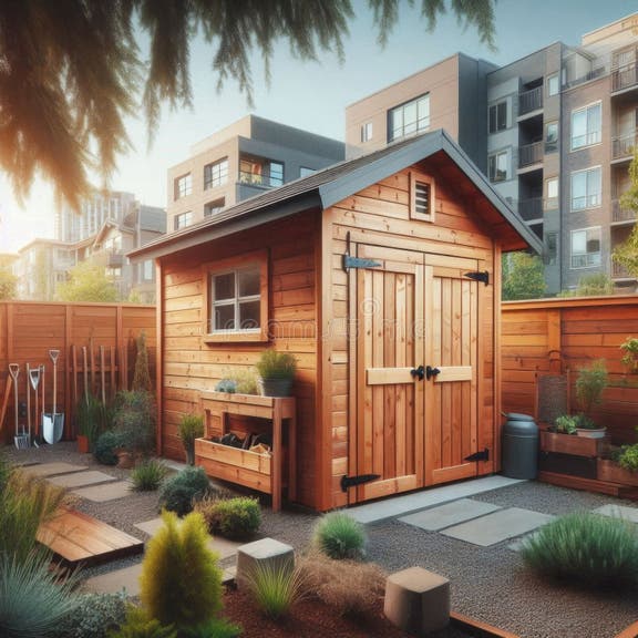 Cedar Garden Tool Shed with Two Doors Stock Image - Image of garden ...