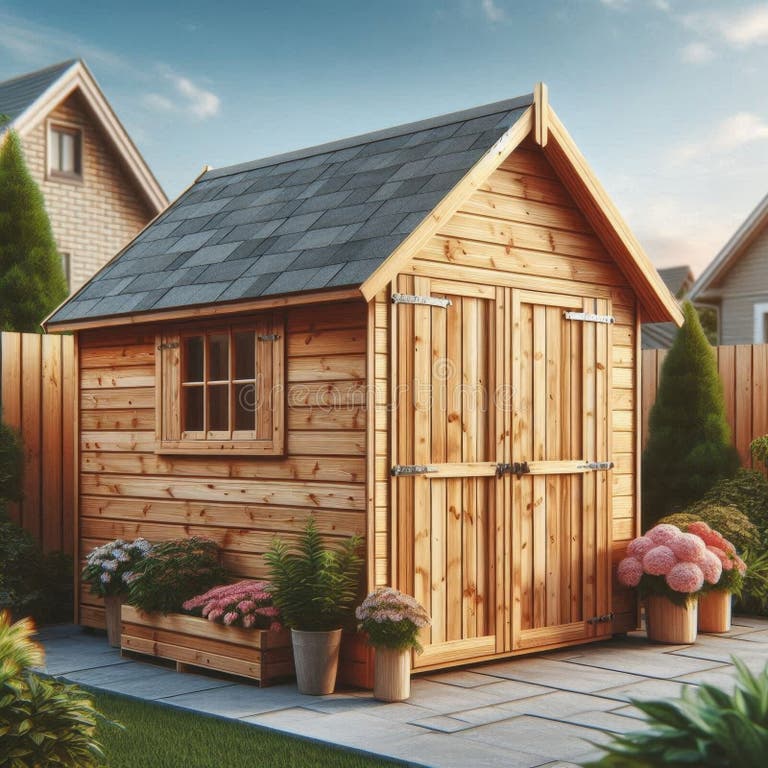 Cedar Garden Tool Shed with Two Doors Stock Photo - Image of back ...