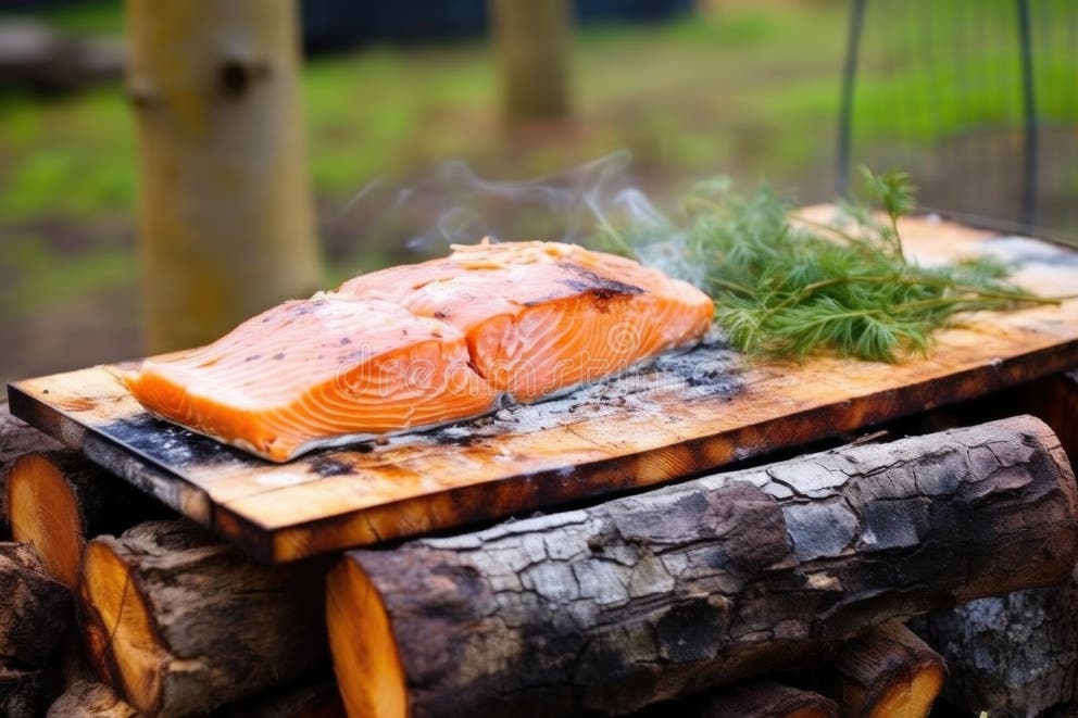 Cedar Plank with Uncooked Salmon by a Barbecue Grill Stock Photo ...