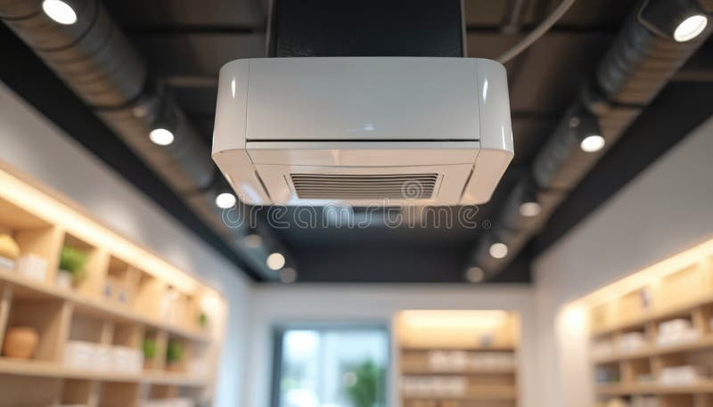 Ceiling Air Conditioning Unit in Modern Store with Bright Lights. White ...
