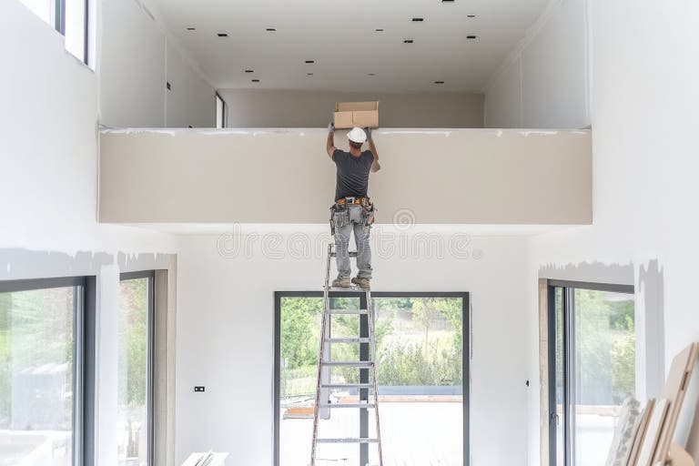 A Ceiling is Being Plastered by Construction Workers during House ...
