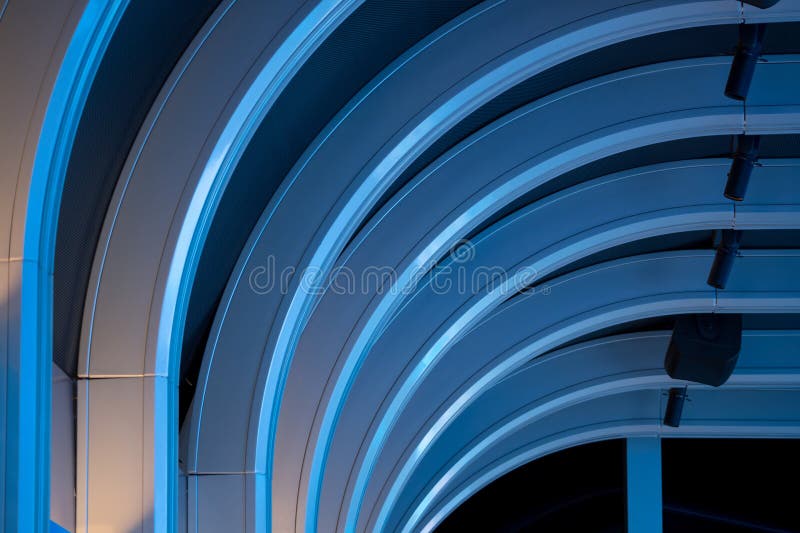 Ceiling with Curved Blue and White LED Strips and Suspended Directional ...