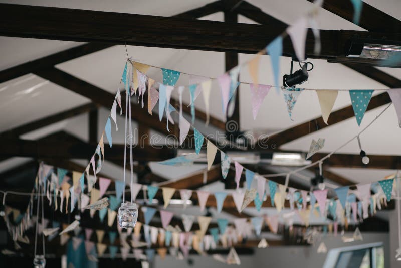Ceiling Decoration with Paper Flags and Lightbulbs Stock Photo - Image ...