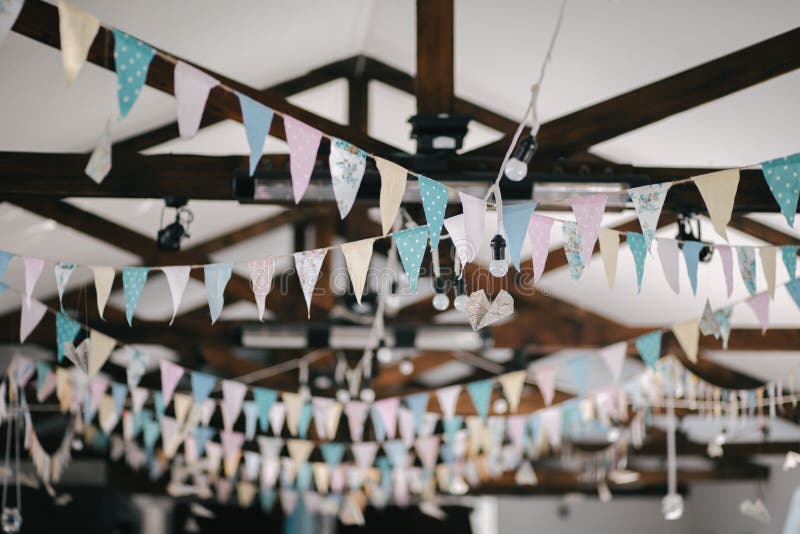 Ceiling Decoration with Paper Flags and Lightbulbs for Birthday Stock ...