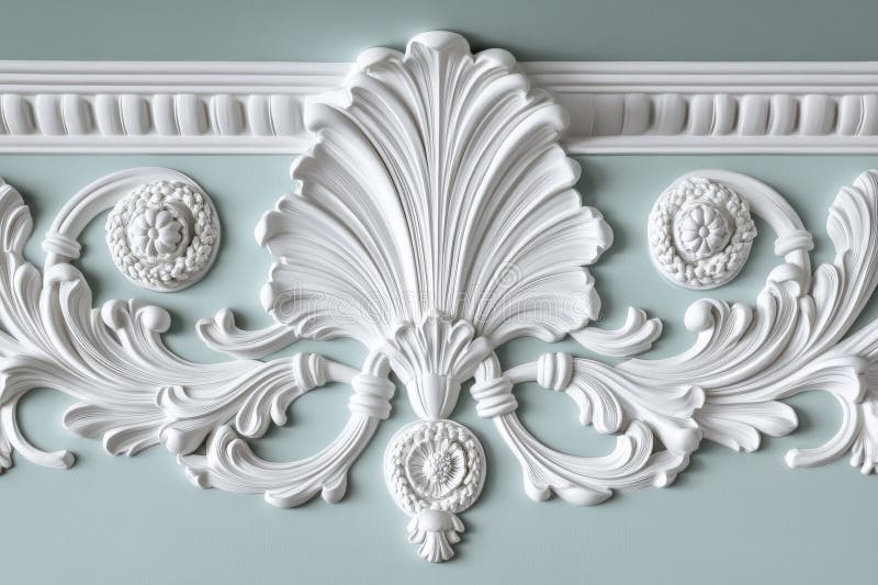 A Ceiling Design Featuring a White Gypsum Bas-relief on a Light Green ...