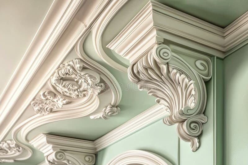 A Ceiling Design with a White Gypsum Bas-relief on a Light Green ...