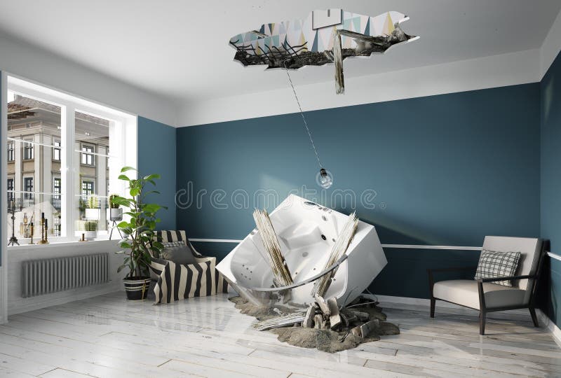 The Ceiling is Destroyed and Broken by the Bathroom. Stock Illustration ...