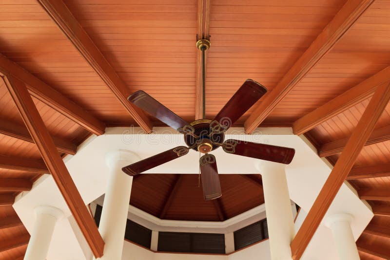 Retro, Old Brown Ceiling Fan on Wooden Ceiling Detail. Stock Photo ...